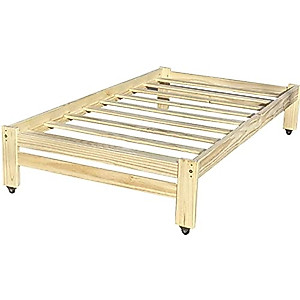 Twin Unfinished Solid Wood Platform Bed Frame with Casters Wheels