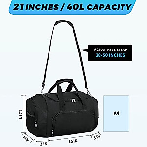 Vorspack Small Sports Duffle Bag - 40L/21 Inches Gym Bag for Women and Men Lightweight Duffel Bag with Water Bottle Pocket for Sports Gym Travel - Black