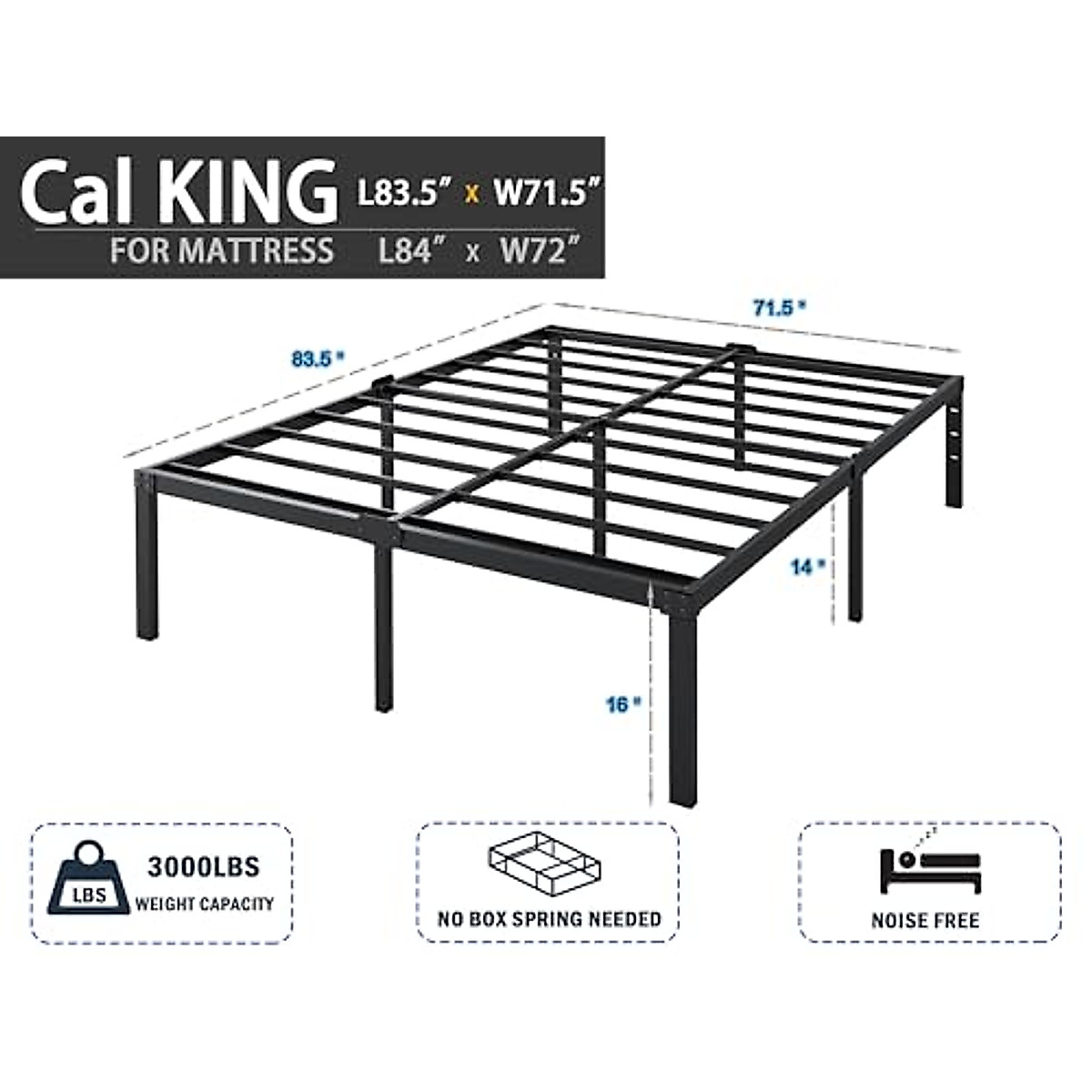 AROMUSTIME 16 Inch Standard Metal Platform Bed Frame / 3,000 lbs Heavy Duty Steel Slat Easy Assembly Mattress Foundation/No Noise/Box Spring Replacement, Cal King