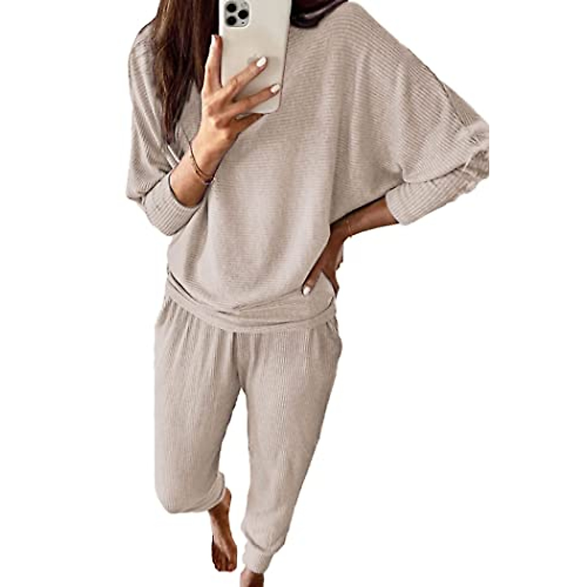 PRETTYGARDEN Women's 2023 Fall Fashion Outfits 2 Piece Sweatsuit Solid Color Long Sleeve Pullover Long Pants (Apricot,Medium)