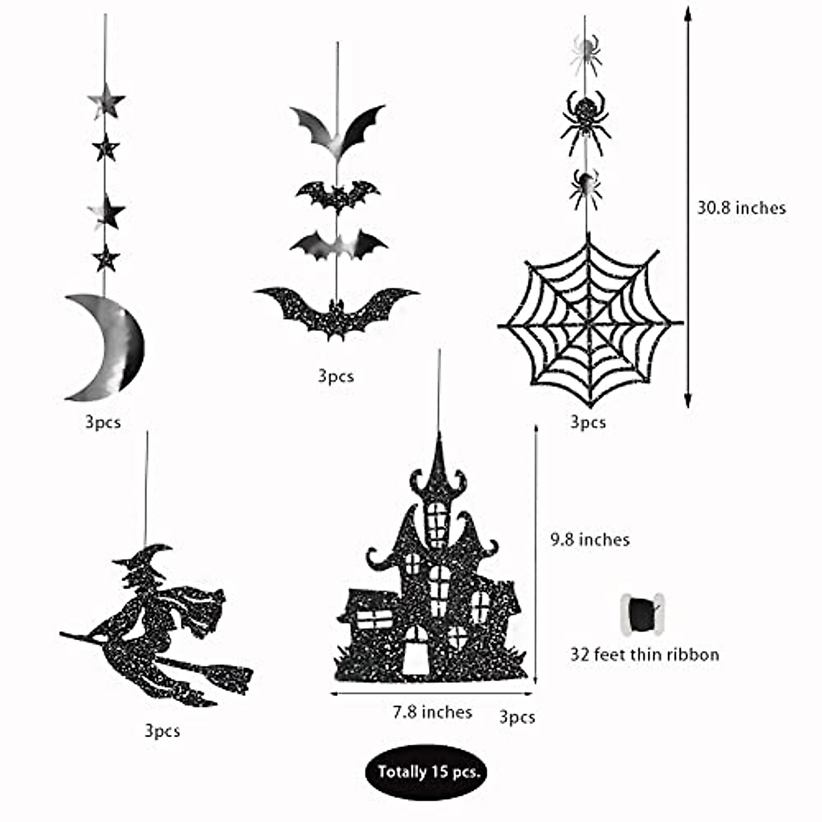 Glitter Black Halloween Party Decorations Gothic Birthday Garlands Hanging Witch Bat Spider Haunted House Star Moon Decor Streamers Backdrop Birthday Baby Shower Home Office Classroom Decor