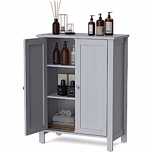 LUARANE Wooden Bathroom Floor Storage Cabinet, Side Storage Organizer Cabinet with Double Doors and Adjustable Shelves, Free Standing Sideboard for Entryway Bathroom Kitchen (Grey)
