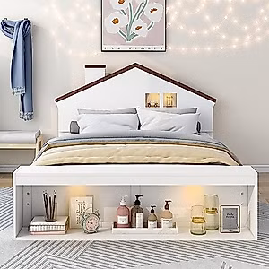 Tensun Full Size House Platform Bed with Storage, Wood Bed Frame with Headboard & Footboard LED Lights, for Kids Teens Adults,No Box Spring Needed, White