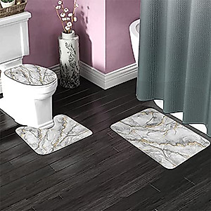 Wondertify White Marble Bathroom Antiskid Pad Fashion Marbling Granite Stone 3 Pieces Bathroom Rugs Set, Bath Mat+Contour+Toilet Lid Cover Gold Black Gray