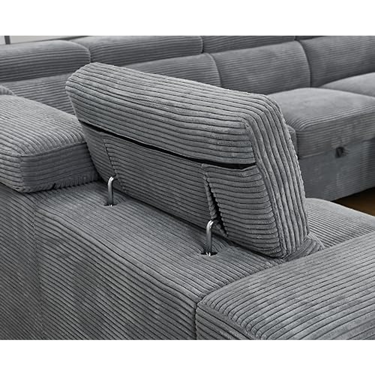 THSUPER Corduroy 123" Oversized U Shape Sectional Sleeper Sofa with Pull Out Bed, 7-Seats Sleeper Sectional Sofa with Storage Chaise and Adjustable Headrest for Living Room - Dark Grey