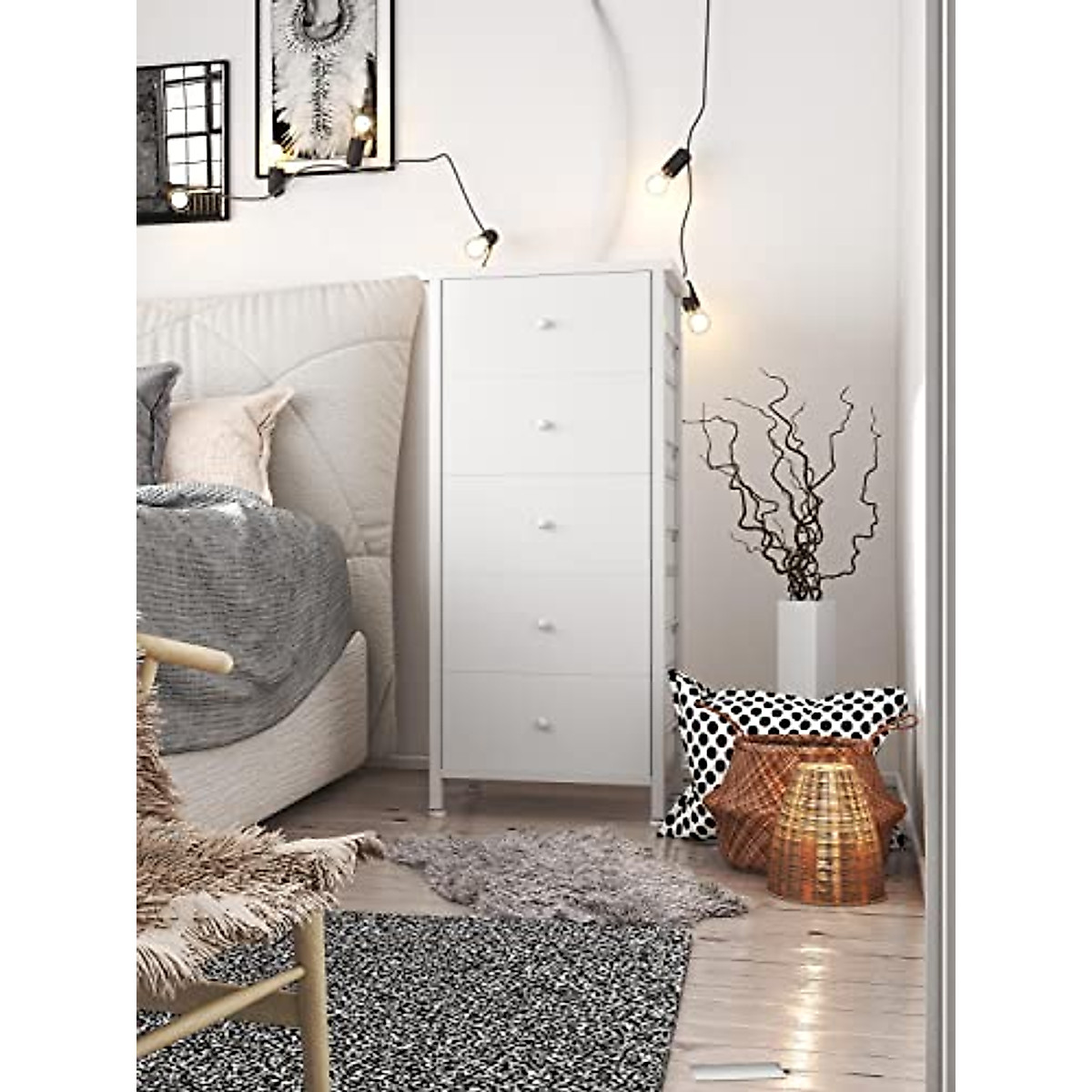 BOLUO Tall White Dresser for Bedroom - 5 Drawer Dressers & Chests of Drawers Fabric Dresser Storage Tower for Closet Kids and Adult Modern