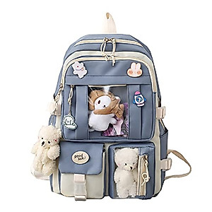 Preppy Backpack, Kawaii Backpack with Kawaii Pin And Accessories for Girls School Cute Aesthetic Backpack (Blue)