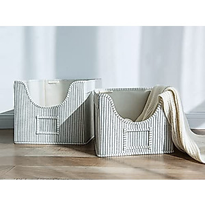 StorageWorks Closet Storage Bins, Open Front Cube Storage Bins with Cutout Window and 2 Handles, Foldable Fabric Clothes Organizer, Gray and White Stripes, 2-Pack