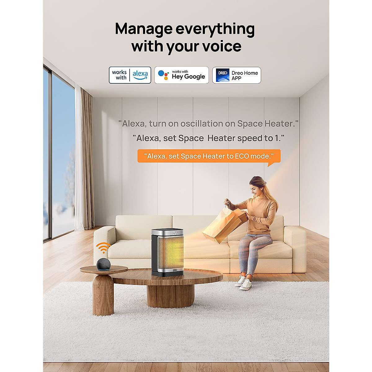 Dreo 1500W Smart Space Heaters for Indoor Use, Portable Heater with 70°Oscillation, WiFi Alexa & Google Assistant Electric Heater, with Thermostat & Remote, Safety Small Heater for Office Home
