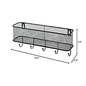 MyGift Modern Black Metal Walll Mounted Key Hook Organizer and Mail Holder, Entryway Hanging Wire Mesh Storage Basket with 5 Hooks