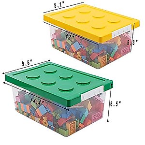 LUCKY-GO Toy Storage Organizer Bins with Lid - Stackable Plastic Organizer Box Set of 2, Kids Toy Chests with Compatible Building Baseplate and Lid, Storage Container for Building Bricks & Toys