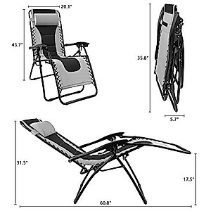Homall Zero Gravity Chair Patio Padded Recliner Outdoor Oversized Portable Lounge Chair Adjustable Lawn Folding Chair with Headrest (Grey)