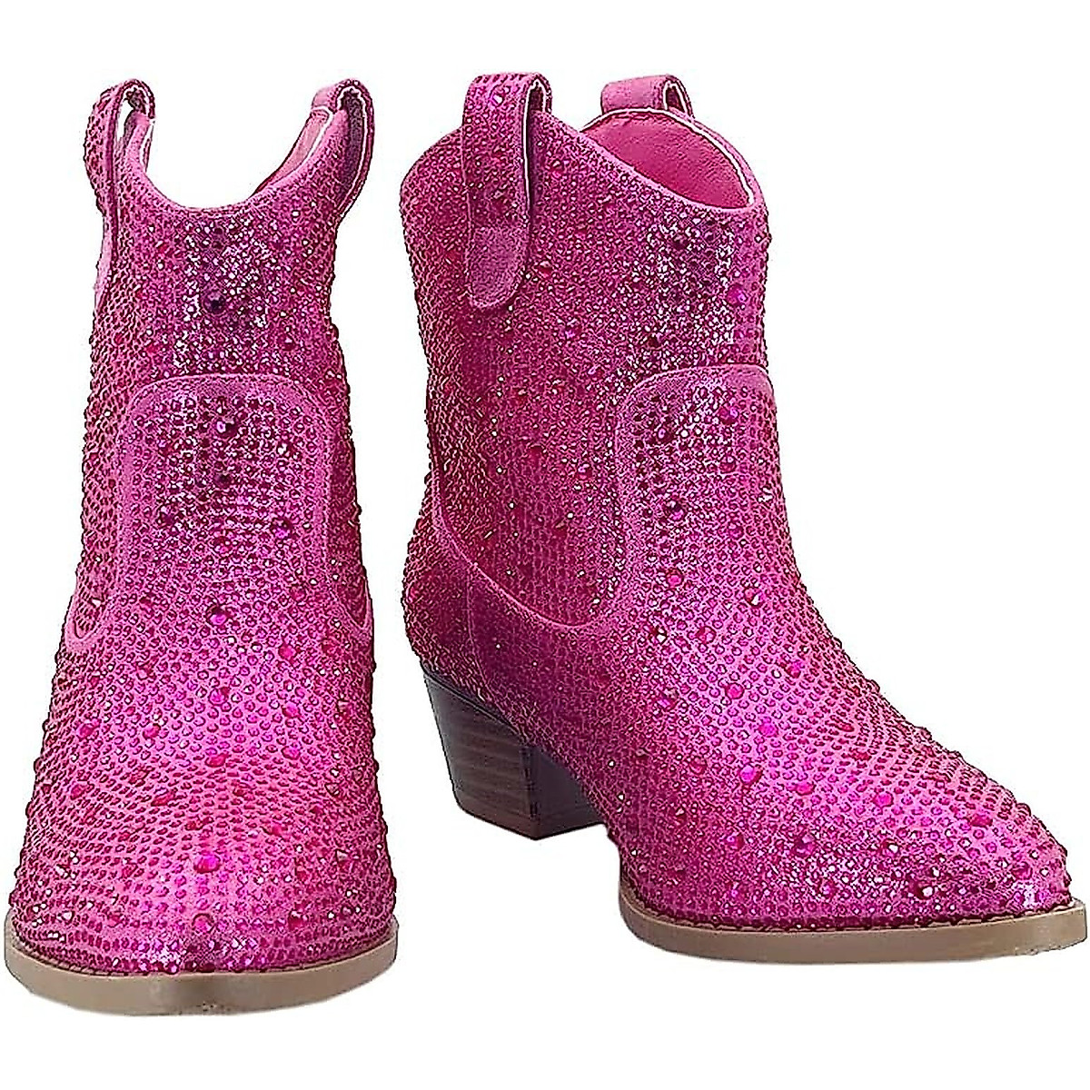 Forever Girls Rhinestone Cowboy Boots Kids Low Heel Dress Booties River-01K Fuchsia 2