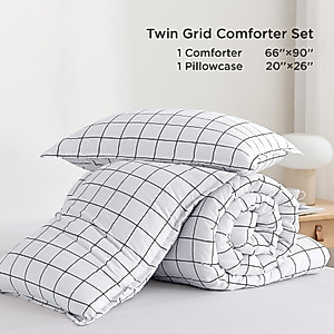 Andency Twin Size Comforter Set for Kids, 2 Pieces Black Striped White Grid Geometric Bedding Comforter, All Season Soft Lightweight Microfiber Down Alternative Bed Set for Boys Girls