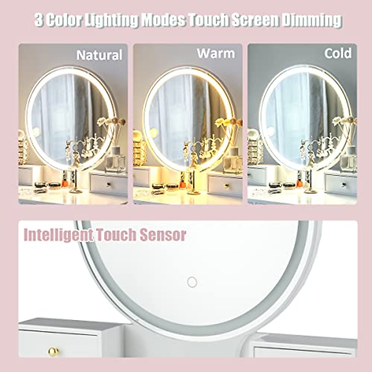 CHARMAID Vanity Set with Touch Screen Dimming Mirror, 3 Color Lighting Modes, Dressing Table with 4 Sliding Drawers, Modern Bedroom Makeup Table and Cushioned Stool Set for Women Girls (White)