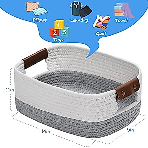 ECDYQXVU Cotton Rope Storage Basket, 14x11x5 IN, Oval Storage Bins, Decorative Woven Basket Cube Storage Organizer for Nursery, Laundry, Towel, Clothes, Toy, Cosmetics, Books (Grey/White)