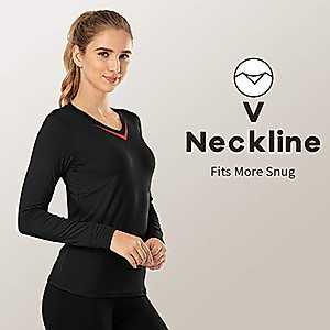MANCYFIT Thermal Tops for Women Fleece Lined Shirt Long Sleeve Base Layer V Neck Black Large