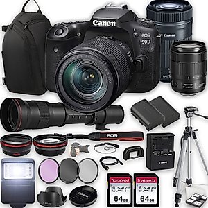 Canon EOS 90D DSLR Camera w/EF-S 18-135mm f/3.5-5.6 is USM Lens + EF-S 55-250mm f/4-5.6 is STM Lens + 420-800mm f/8.3 HD Lens + 2X 64GB Memory + Case + Filters + Tripod + More (35pc Bundle)