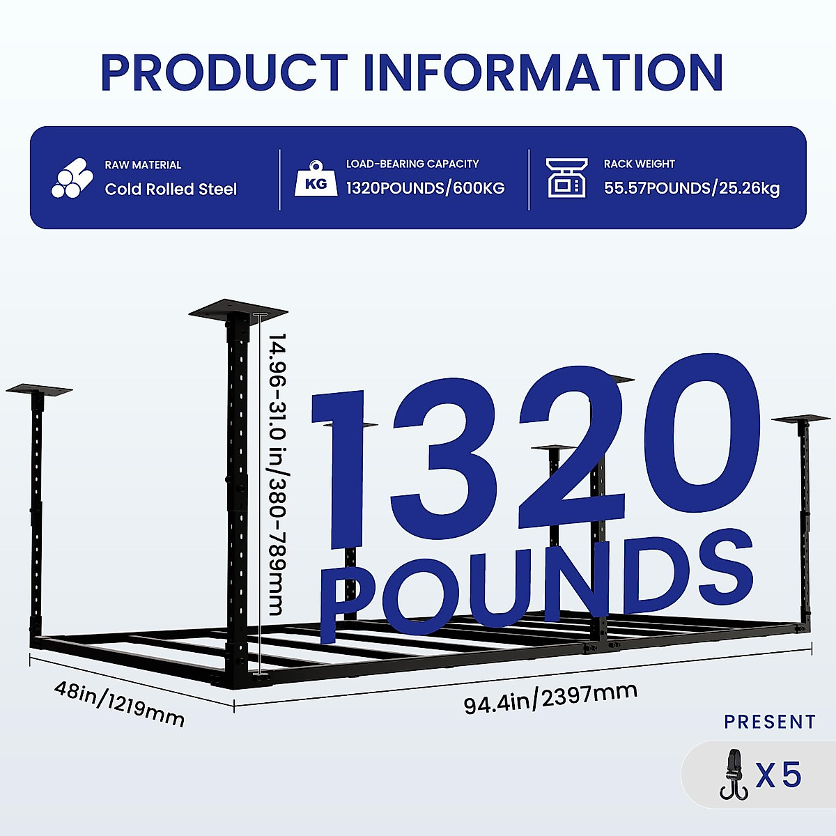 VWZ 4×8' Overhead Garage Storage Rack, Adjustable Garage Ceiling Storage Racks, Heavy Duty Garage Shelving, Garage Hanging Storage Racks with A Load Capacity of up to 1320 Lbs, Black. (Bottomless)