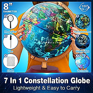 TTKTK Illuminated World Globe(Dia 8-Inch) for Kids with Wooden Stand 7 in 1- Night View Stars Map Constellation Globe with Detailed Colorful World ,Built-in LED Bulb, Educational Gift, 8 inch