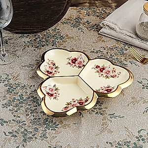 fanquare 3 Compartment Platter, Gold Porcelain Appetizer Serving Tray, Floral Ceramic Divided Serving Plate for Fruit, Candy, Nuts