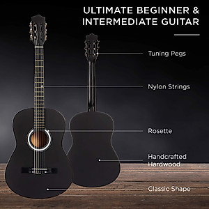 Best Choice Products 38in Beginner All Wood Acoustic Guitar Starter Kit w/Gig Bag, 6 Celluloid Picks, Nylon Strings, Capo, Cloth, Strap w/Pick Holder - Matte Black
