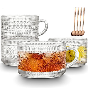 Qipecedm Vintage Coffee Mugs Set of 4,14 oz Glass Coffee Tea Cups with Handle, Clear Embossed Glassware, Glass Mugs, Glass Coffee Cups for Latte, Cereal, Yogurt, Milk, Beverage Hot/Cold