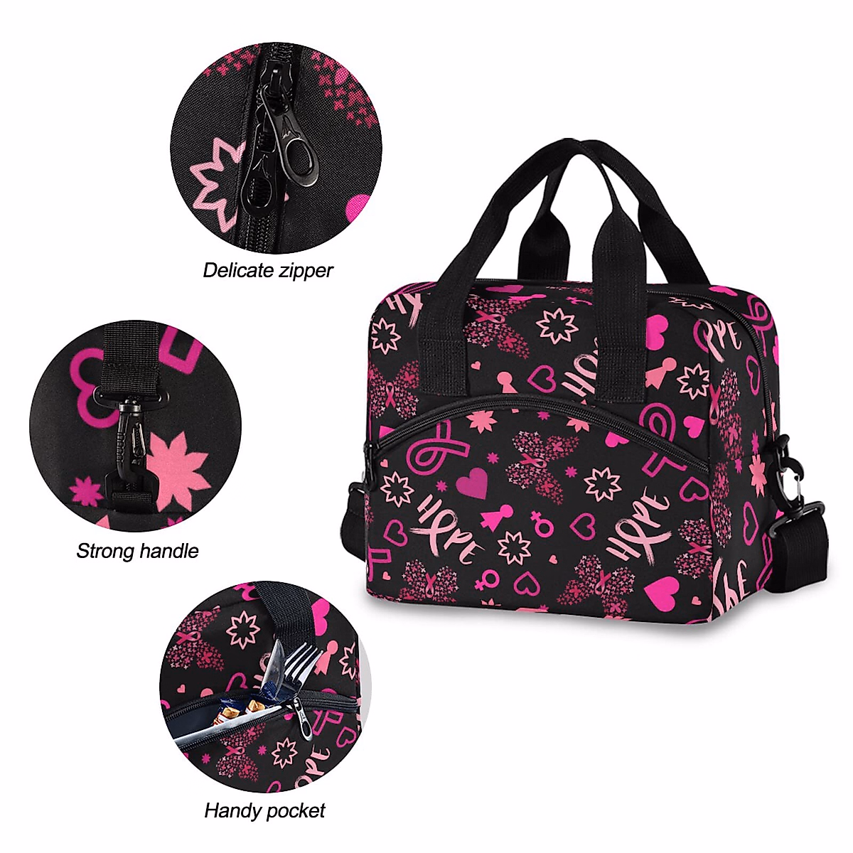 Breast Cancer Awareness Butterfly Lunch Bags for Women Men, Reusable Insulated Lunch Box, Adjustable Shoulder Straps Tote Lunch Bag for Work Picnic School