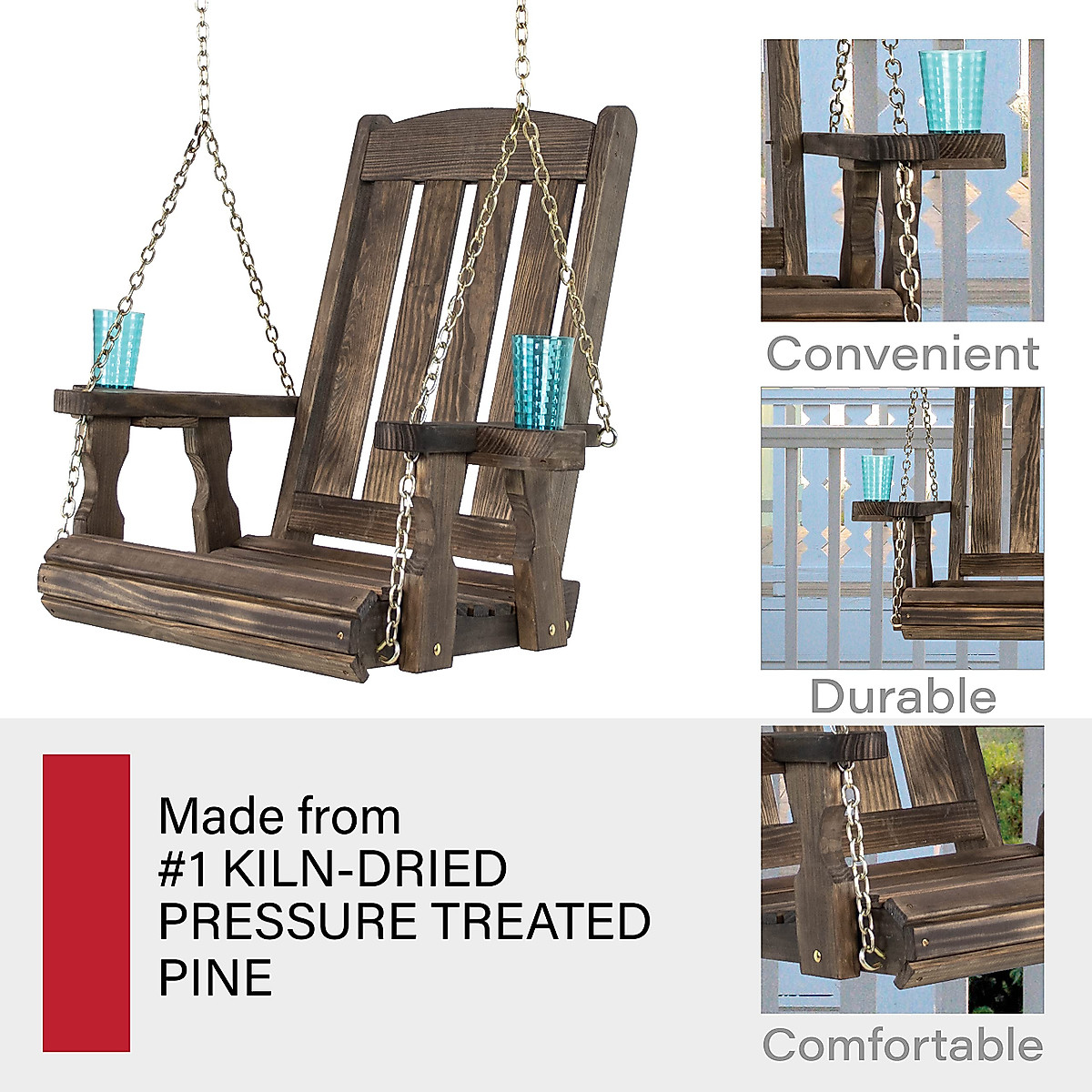 Amish Casual Heavy Duty Mission Pressure Treated Swing Chair with Cupholders (Dark Walnut Stain)