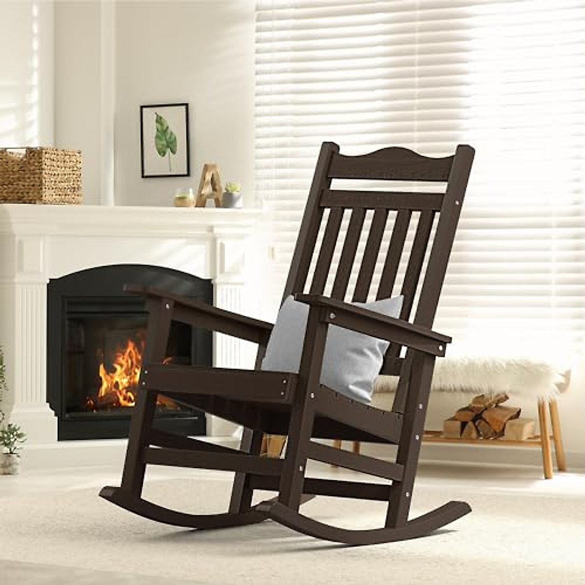 DWVO Patio Rocking Chair, All-Weather Resistant Outdoor Indoor Polyethylene Patio Rocker Chair with Cushion, Comfortable and Easy to Maintain Rocker for Balcony, Backyard and Living Room(Brown)