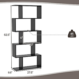 Giantex 5-Tier Geometric Bookshelf Black, 62.5" Tall Wood S-Shaped Bookcase with Anti-Tipping Device, Floor Standing Display Shelf for Bedroom, Living Room, Study