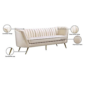 Meridian Furniture Margo Collection Modern | Contemporary Velvet Upholstered Sofa with Deep Channel Tufting and Rich Gold Stainless Steel Legs, Cream, 88" W x 30" D x 33" H