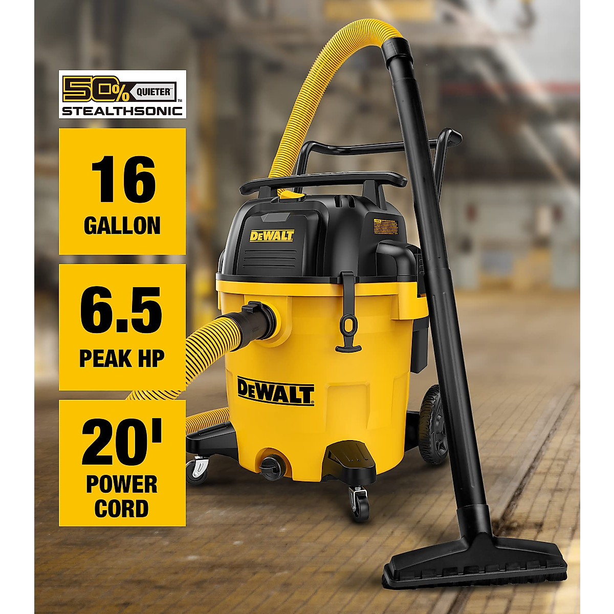 DEWALT 16 Gallon STEALTHSONIC Poly Wet/Dry Vacuum, DXV16P-QTA Noise Reduction Heavy Duty Shop Vacuum for Jobsite/Workshop, Reduce Motor Noise, Yellow