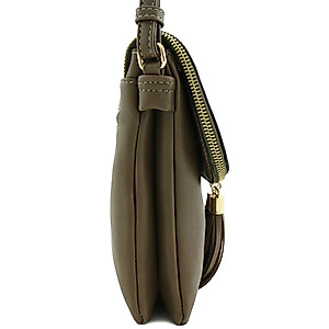 Flap Top Double Compartment Crossbody Bag with Tassel Accent (Stone)