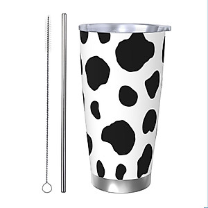 Black And White Cow Pattern 20oz Tumbler Stainless Steel Vacuum Insulated Coffee Travel Mug, Durable Insulated Coffee Travel Mug with Splash-Proof Lid Metal Straw and Brush Thermal Cup for Outdoor