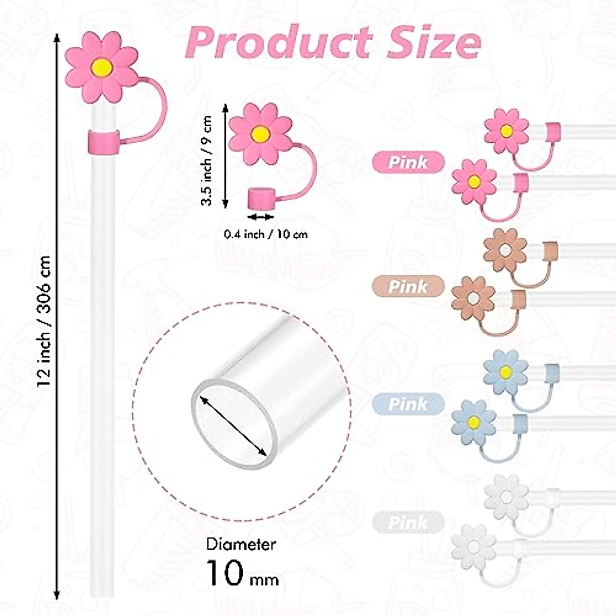 [12 Pack] Straw Cover Cap 10MM for Stanley Cup Adventure Quencher 40oz, Reusable Silicone Stopper tips for Stanley Tumbler 30oz, 20oz,12oz Accessories, Fits 10mm/0.4 inch Drinking Straws (Flowers)