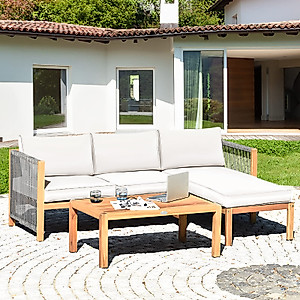 Tangkula L Shape Outdoor Furniture Set, 3 Piece Acacia Wood Patio Conversation Set, with 2 loveseats and Coffee Table, Garden Backyard Poolside Patio Seating Set (White)