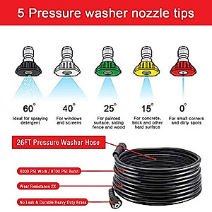 Selkie Pressure Washer Gun with Extension Wand and 26" Hose, Pressure Washer Gun with 26inch Pressure Washer Hose,16inch Extension Wand, 5 Nozzle Tips, and M22 15mm & M22 14mm Fitting, 4000 PSI