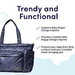 Great Travel Size Stylish Quilted Diaper Tote Bag, Gender Neutral Go Bag with Portable Changing Pad, Laptop Pocket, Shoulder Strap, and 2 Stroller Straps, Navy