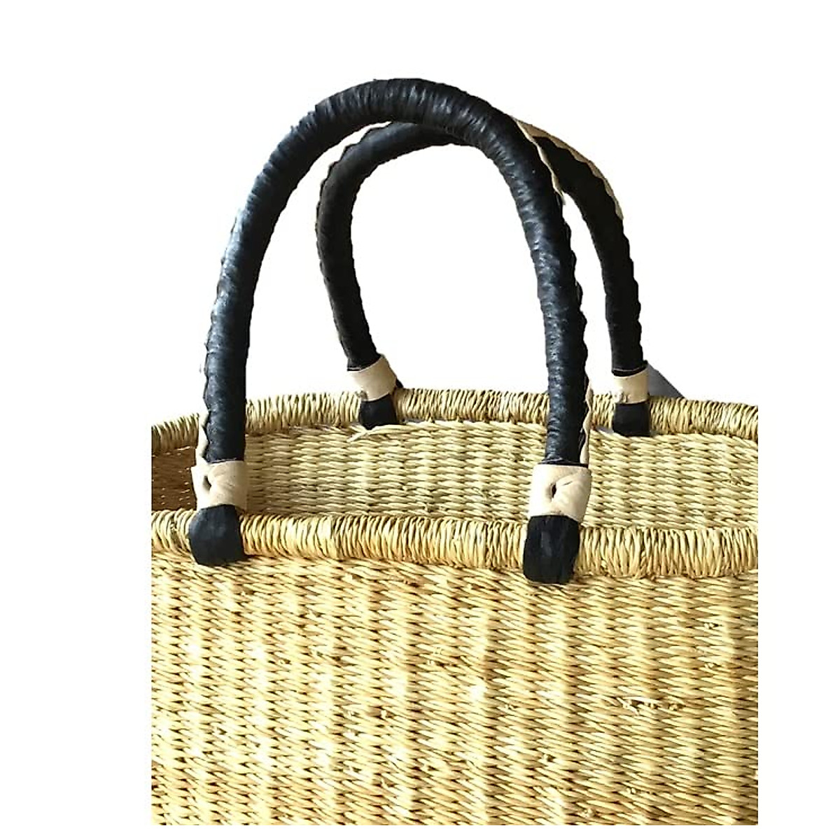 The African Home Goods Ghana Handmade woven Oval Dye Free Picnic shopping Baskets (Natural With Black Handles)