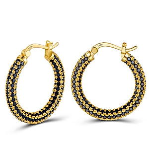 925 Sterling Silver Post Hoop Earrings for Women Gilrs Black Cubic Zirconia 14K Gold Plated Chunky Gold Hoop Earrings weinuo Jewelry