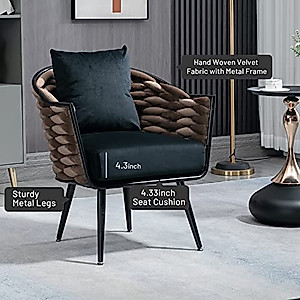 NIOIIKIT Modern Velvet Accent Chair with Arms, Upholstered Hand Woven Lounge Chair with Pillow, Luxury Armchair, Vanity Chair for Living Room, Bedroom, Office (Black)