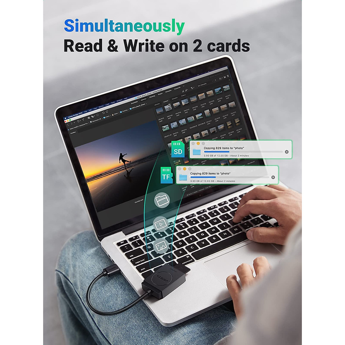 UGREEN SD Card Reader USB 3.0 Dual Slot Flash Memory Card Reader TF SD Micro SD SDXC SDHC MMC RS-MMC Micro SDXC Micro SDHC UHS-I for Mac Windows Linux Chrome Read 2 Cards Simultaneously