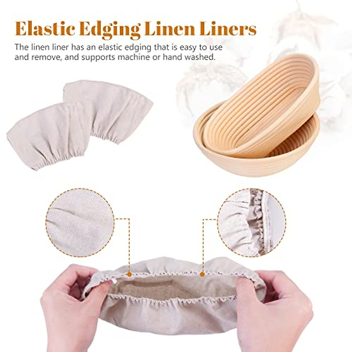 Bread Proofing Basket, ELVASEN 9" Round & 9.8" Oval Bread Making Tools Set of 2 - Bread Making Kit Include Bread Proofing Baskets, Linen Cloth Liner, Scraper, Basting Brush