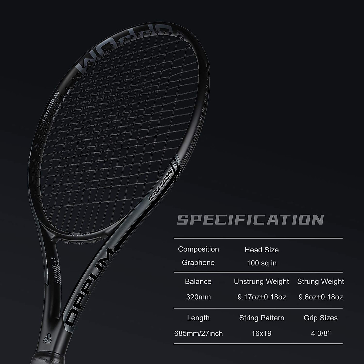 OPPUM Adult Carbon Fiber Tennis Racket, Super Light Weight Tennis Racquets Shock-Proof and Throw-Proof,Include Tennis Bag Tennis Overgrip (Graphene Racket PRO-2000 (Black), 4 1/4)
