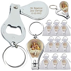 Personalized Engraved Baptism Keychains (12 PCS) - Key Ring with Nail Clipper and Bottle Opener Party Favors for Baby Boys and Girls Recuerdos Bautizo Customized Gift for Guest