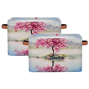 Oil Painting Of Cherry Trees Storage Basket, Collapsible Canvas Fabric Storage Toys Bin Shelves Decor Laundry Organizer with Leather Handles for Closet Shelf Nursery Bedroom 15x11x9.5 In