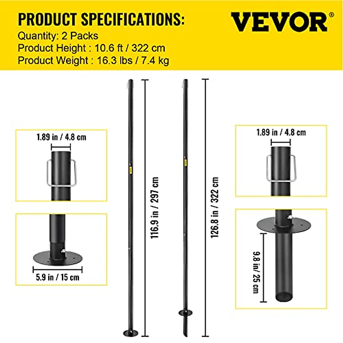 VEVOR String Light Poles, 2 Pack 10.6 FT, Outdoor Powder Coated Steel Lamp Post with Hooks to Hang Lantern and Flags, Universal Mounting Options to Decorate Garden, Patio, and Deck for Party, Black