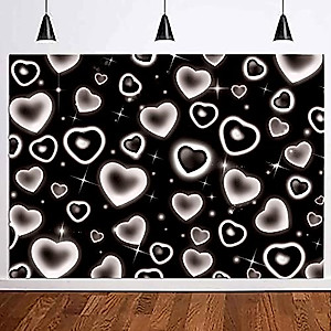 VOUORON 7x5ft Early 2000s Backdrop for Black Heart Party Photography Backdrops Glitter Heart Sweet 16 Happy Birthday Photo Background Wall Decor Valentines Day Photoshoot Banner