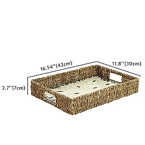 MadeTerra Rectangular Seagrass Tray with Mother of Pearl Inlay Wooden Base Insert Handle, Decorative Nacre Serving Basket for Food, Coffee Table Decor, Decoration, Storage and Display…